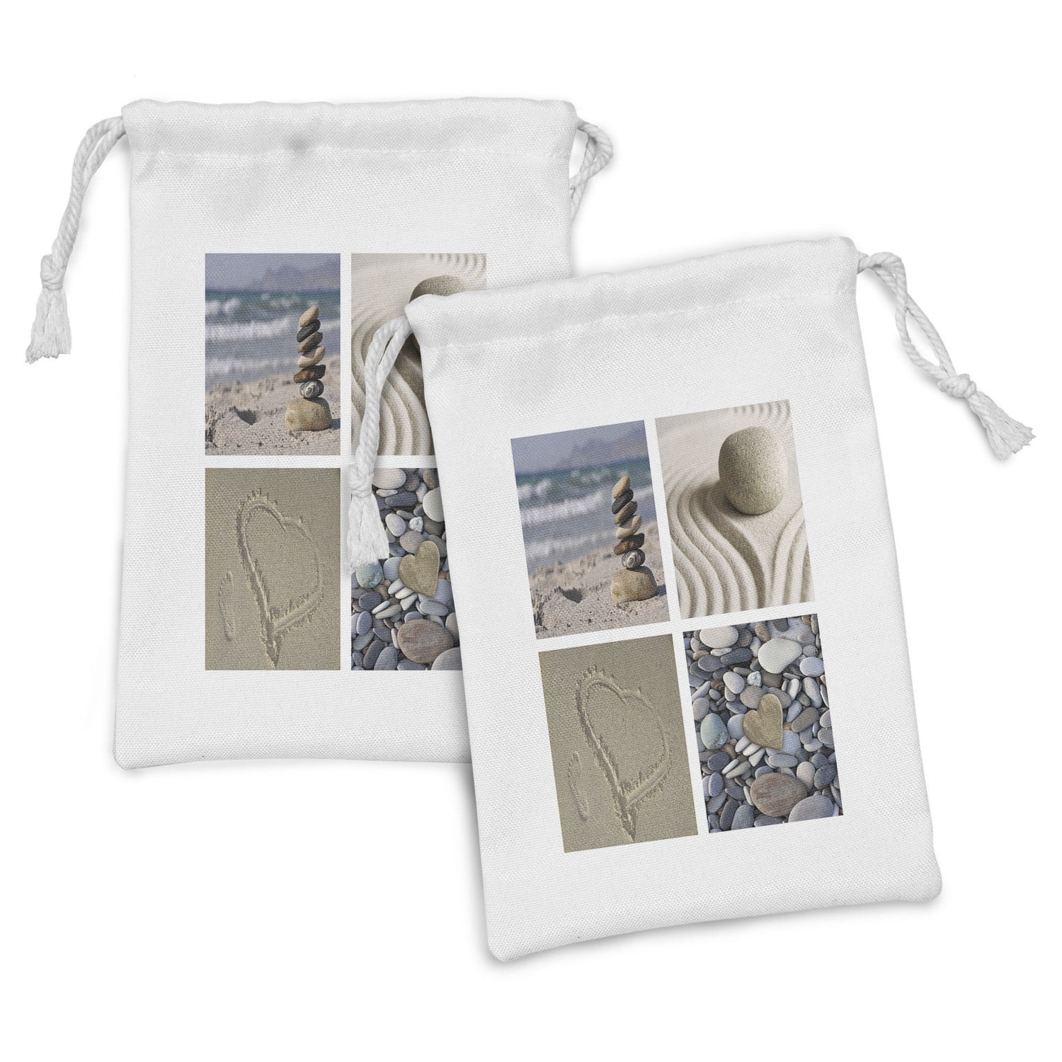 Coastal Fabric Pouch Set of 2, Collage Close up Photos of Sandy Beach ...