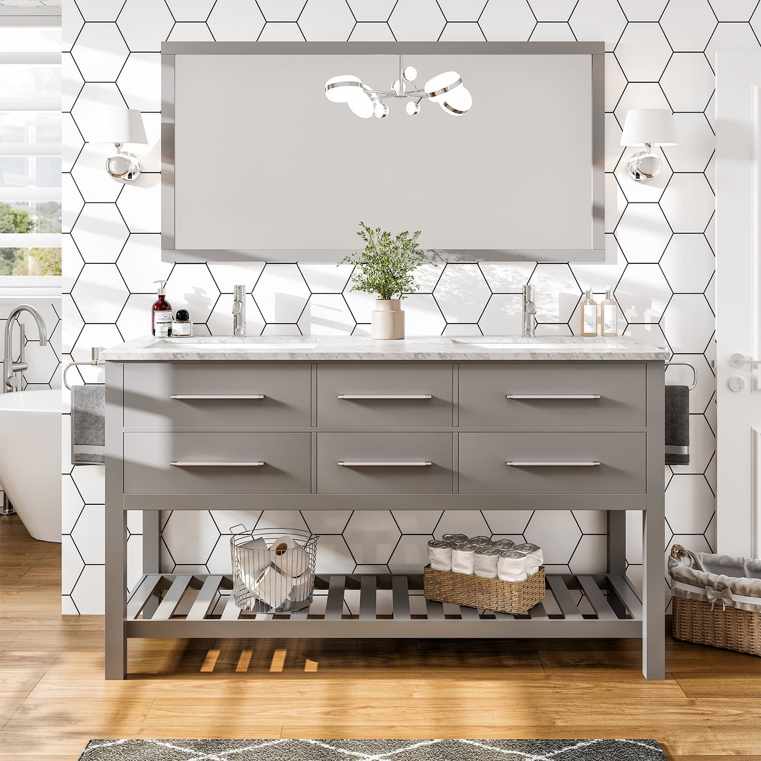 Eviva Natalie 60" Gray Freestanding Double Sink Bathroom Vanity w ...