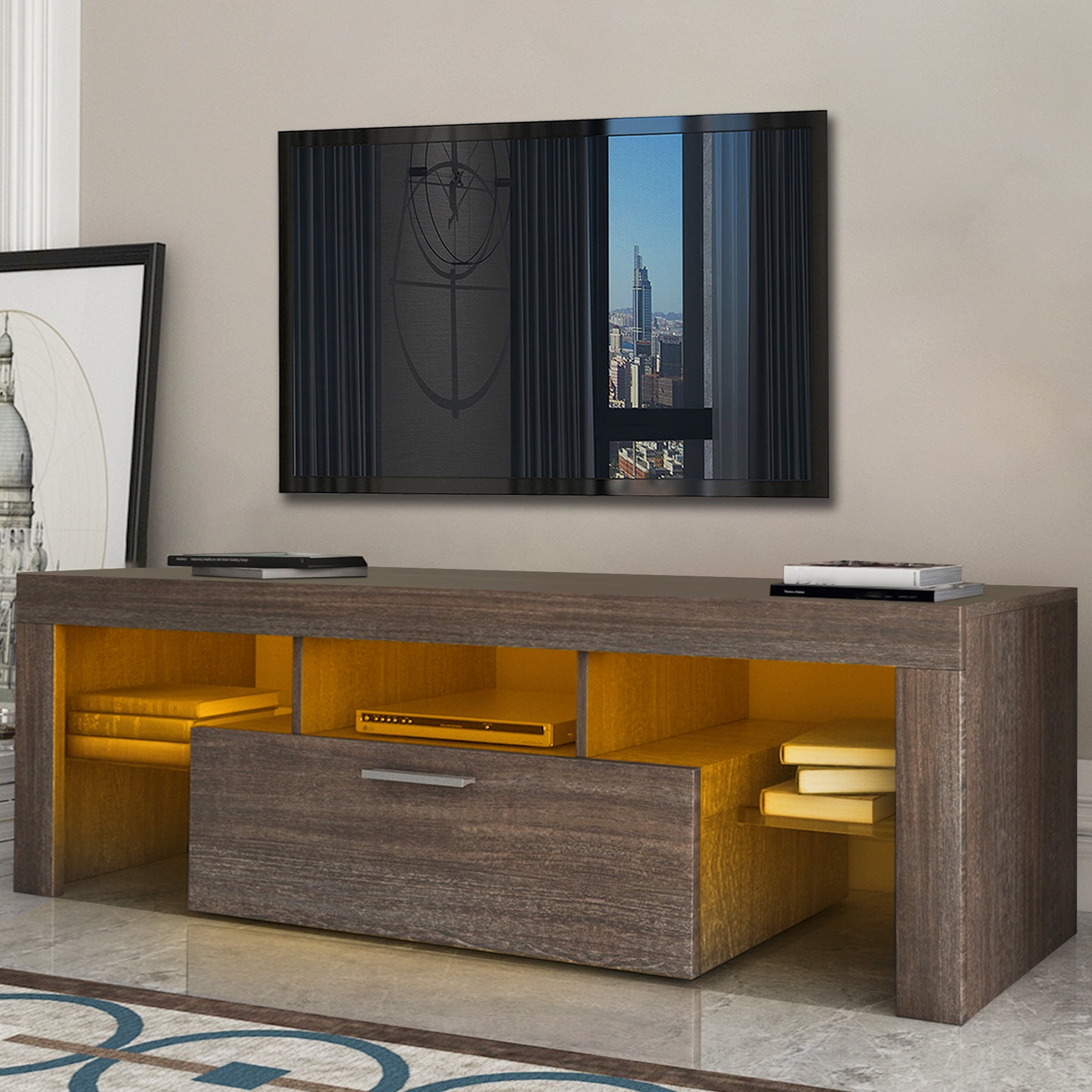 Farmhouse TV Stand for TV up to 55 inches, TV Table Stand with 16-Color ...