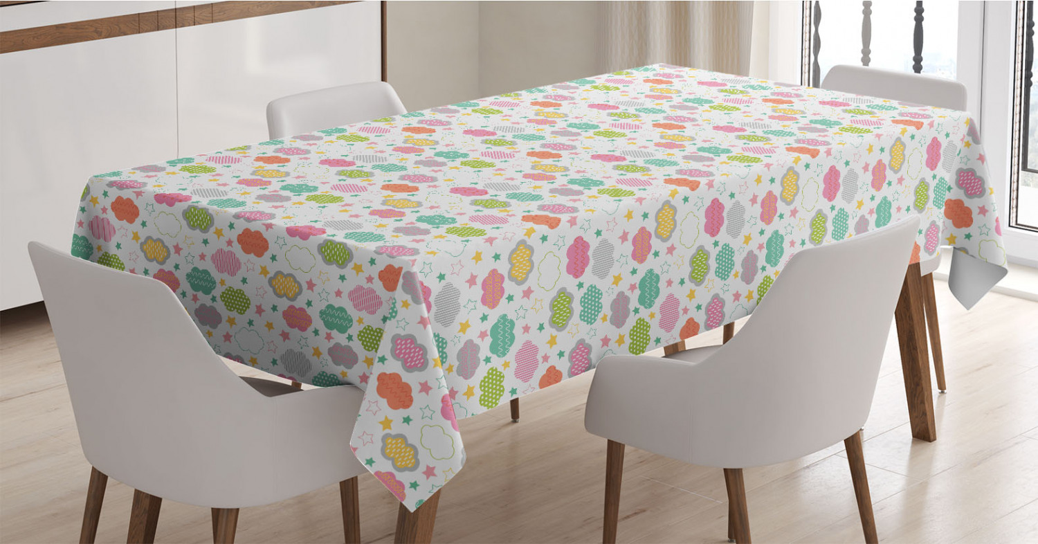 Clouds Tablecloth, Sky Elements in Pastel Colors Doodle Style Dotted ...