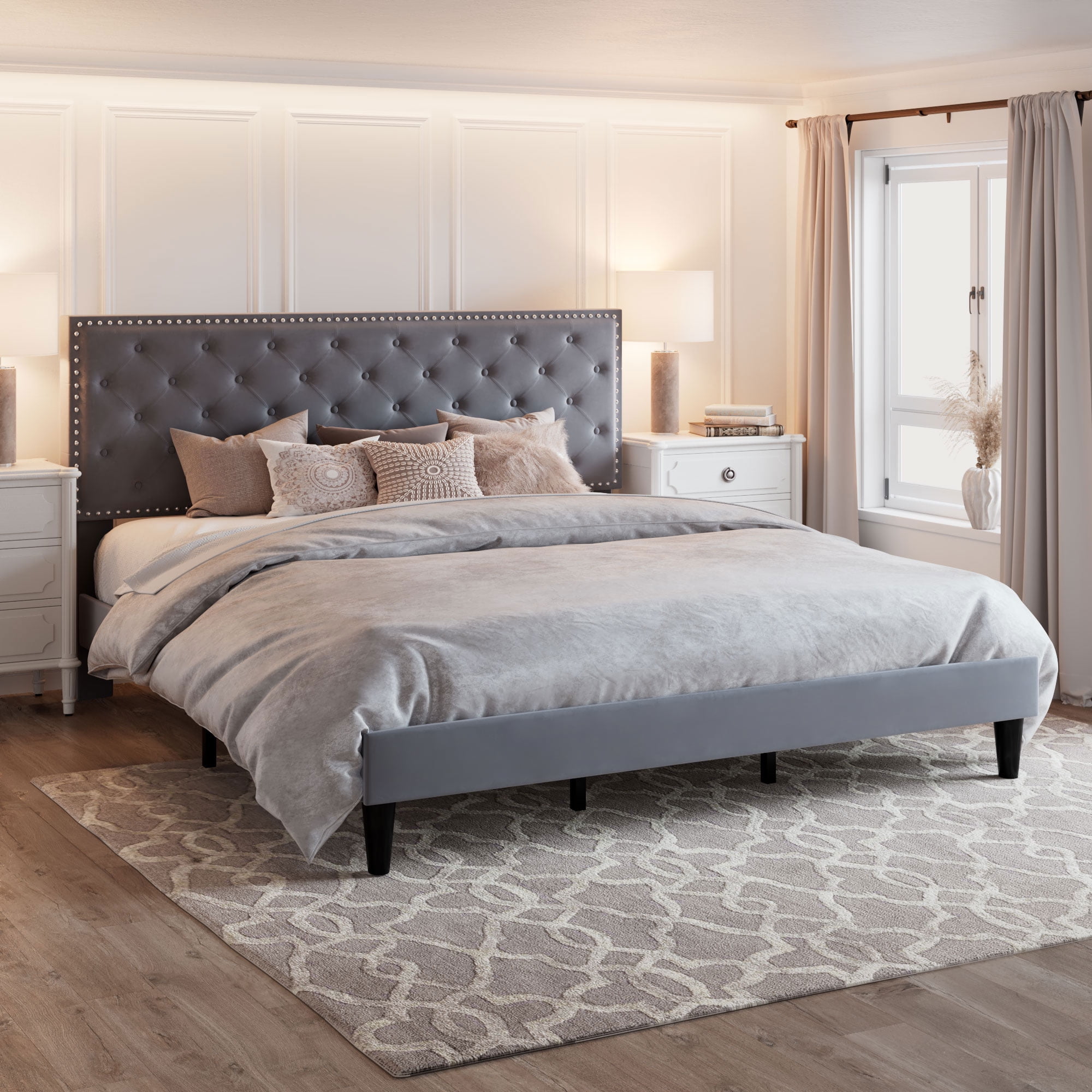 Amolife King Bed Frame with Adjustable Velvet-Studded Headboard, Grey ...