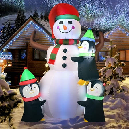 Costway 6ft Christmas Inflatable Snowman with Penguins Quick Blow up ...