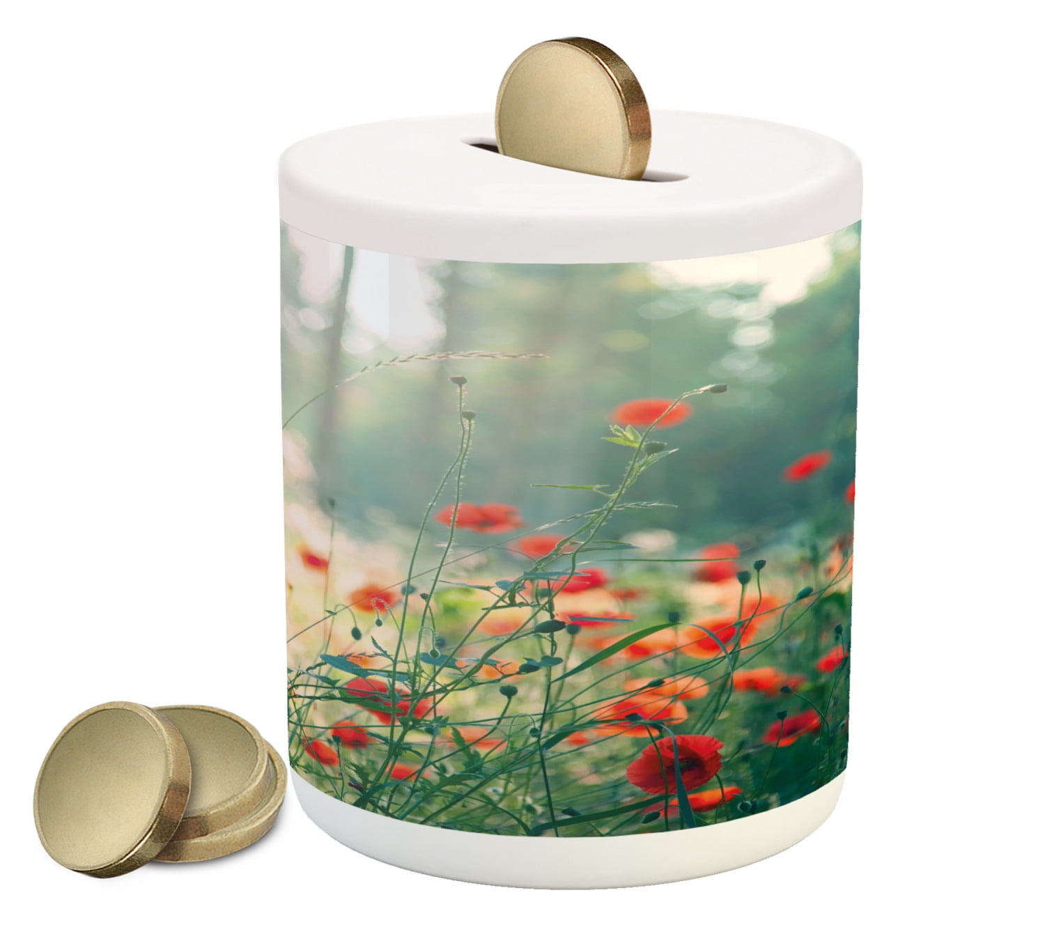 Nature Piggy Bank, Wild Red Poppy Flowers Field Summertime Sunbeams ...