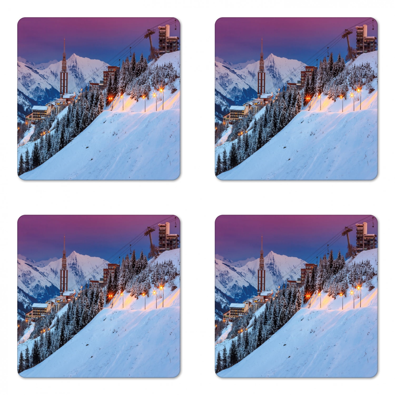 Winter Coaster Set of 4, Majestic Winter Sunrise Landscape and Ski ...