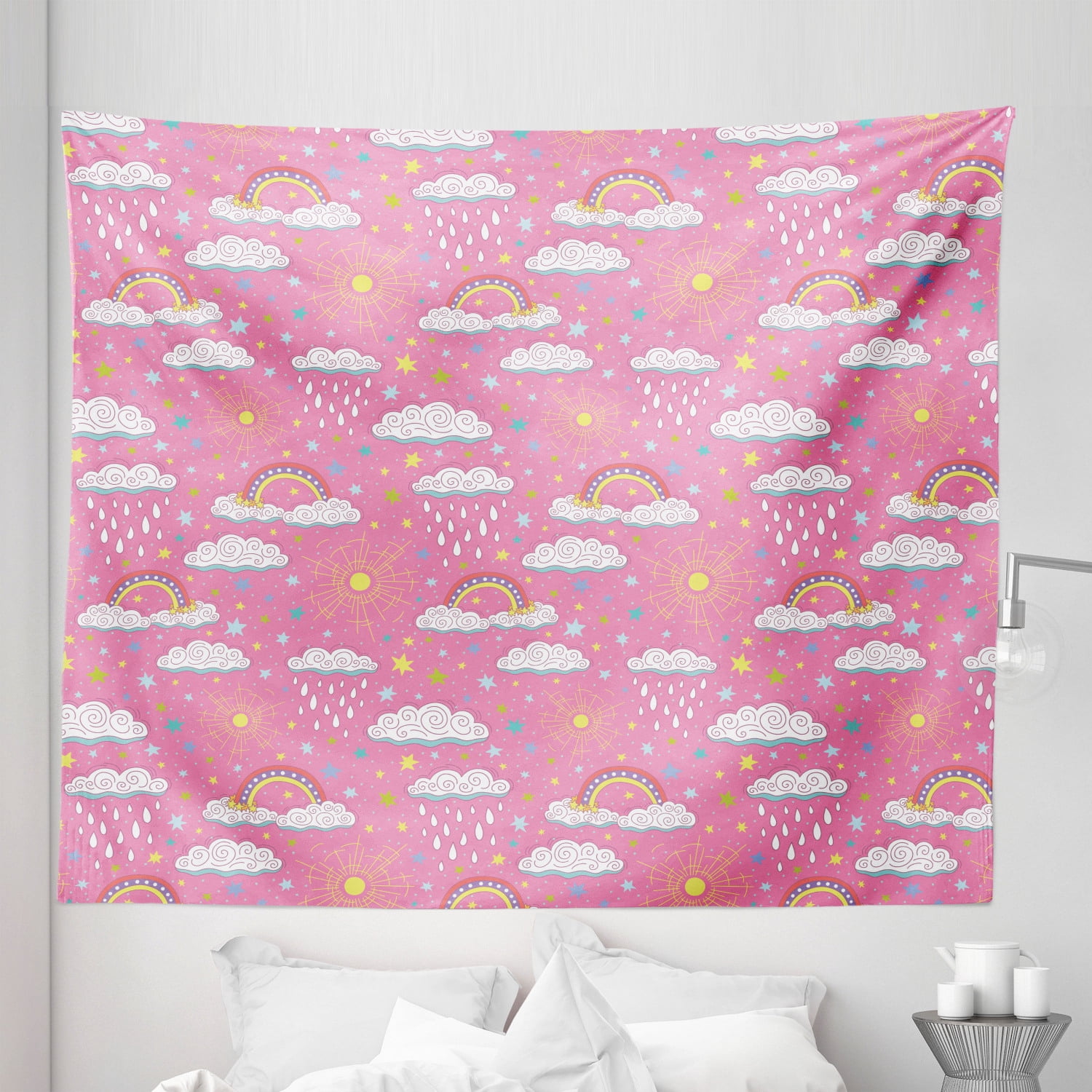 Rain Tapestry, Doodle Style Pattern with Rainbows Shower Rainy Clouds ...
