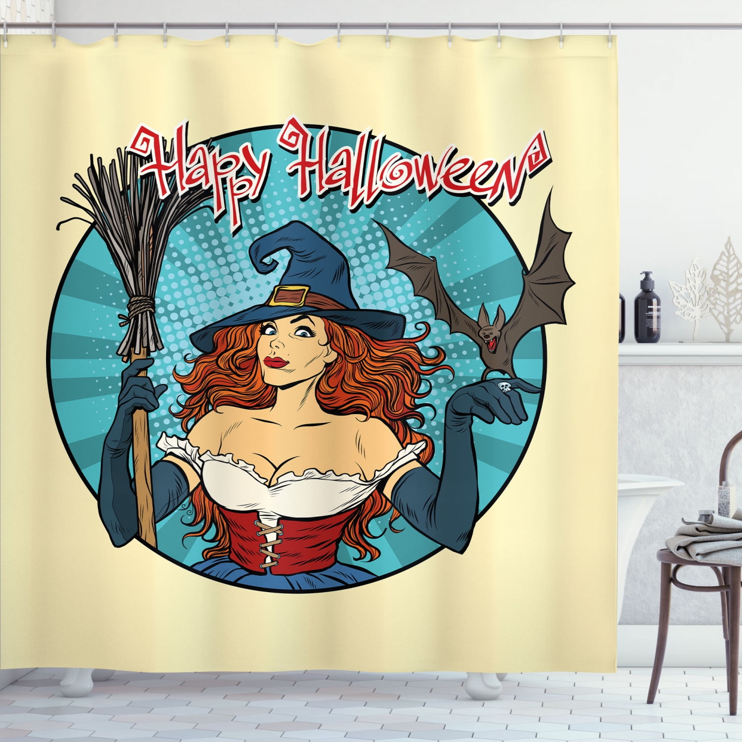 Halloween Shower Curtain Retro Pop Art Witch Character With Broomstick