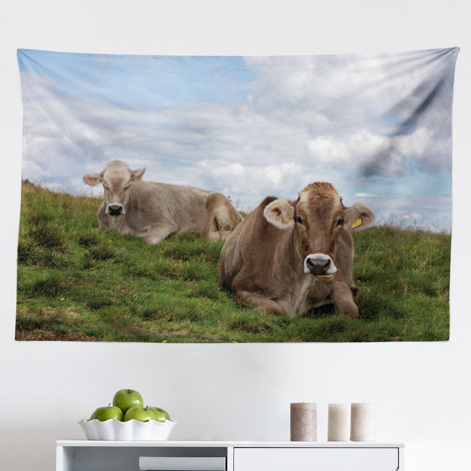Farm Animal Tapestry, Vintage Pastel Engraved Style Graphic of Dairy ...
