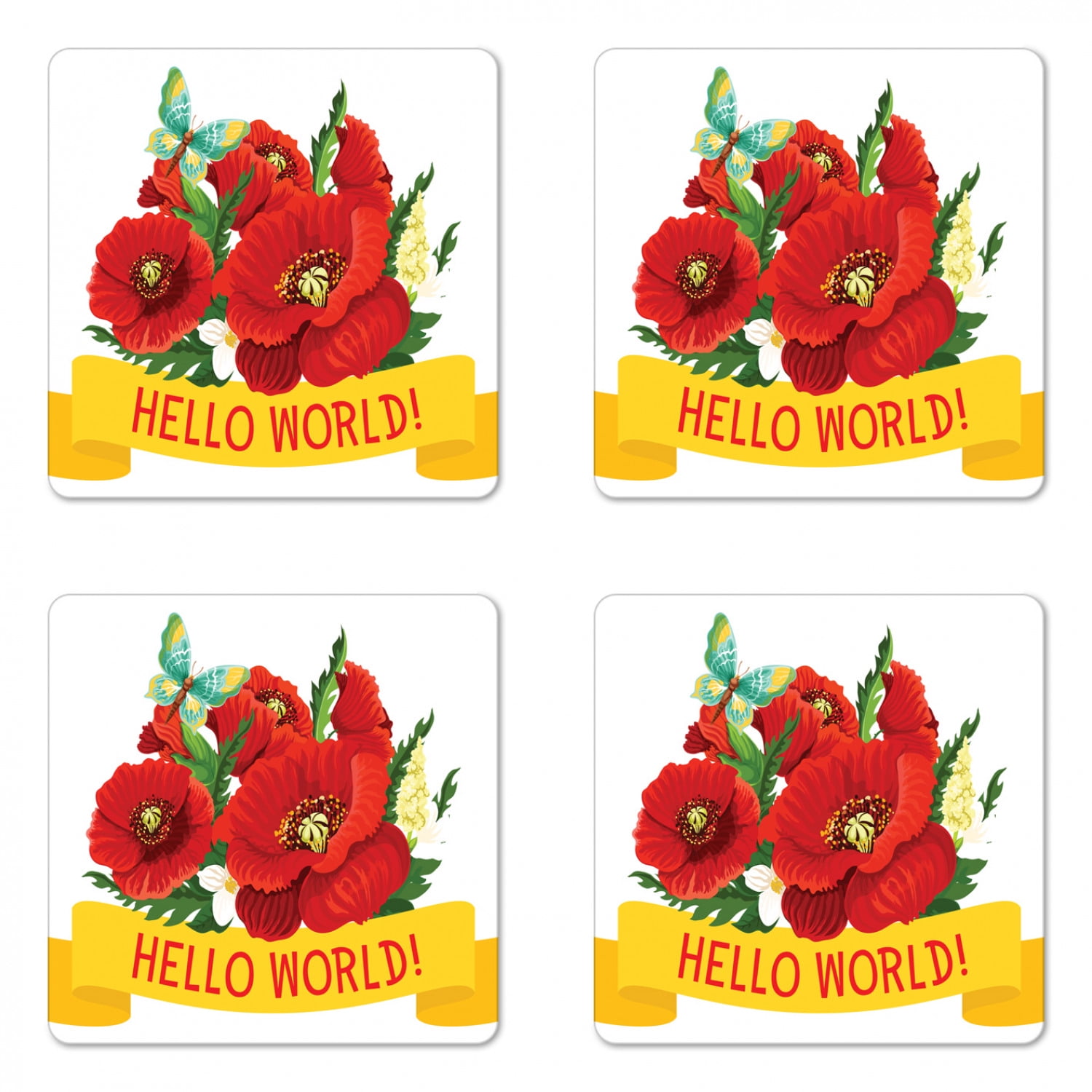 Hello World Coaster Set of 4, Hello World Lettering on a Ribbon Blossom ...