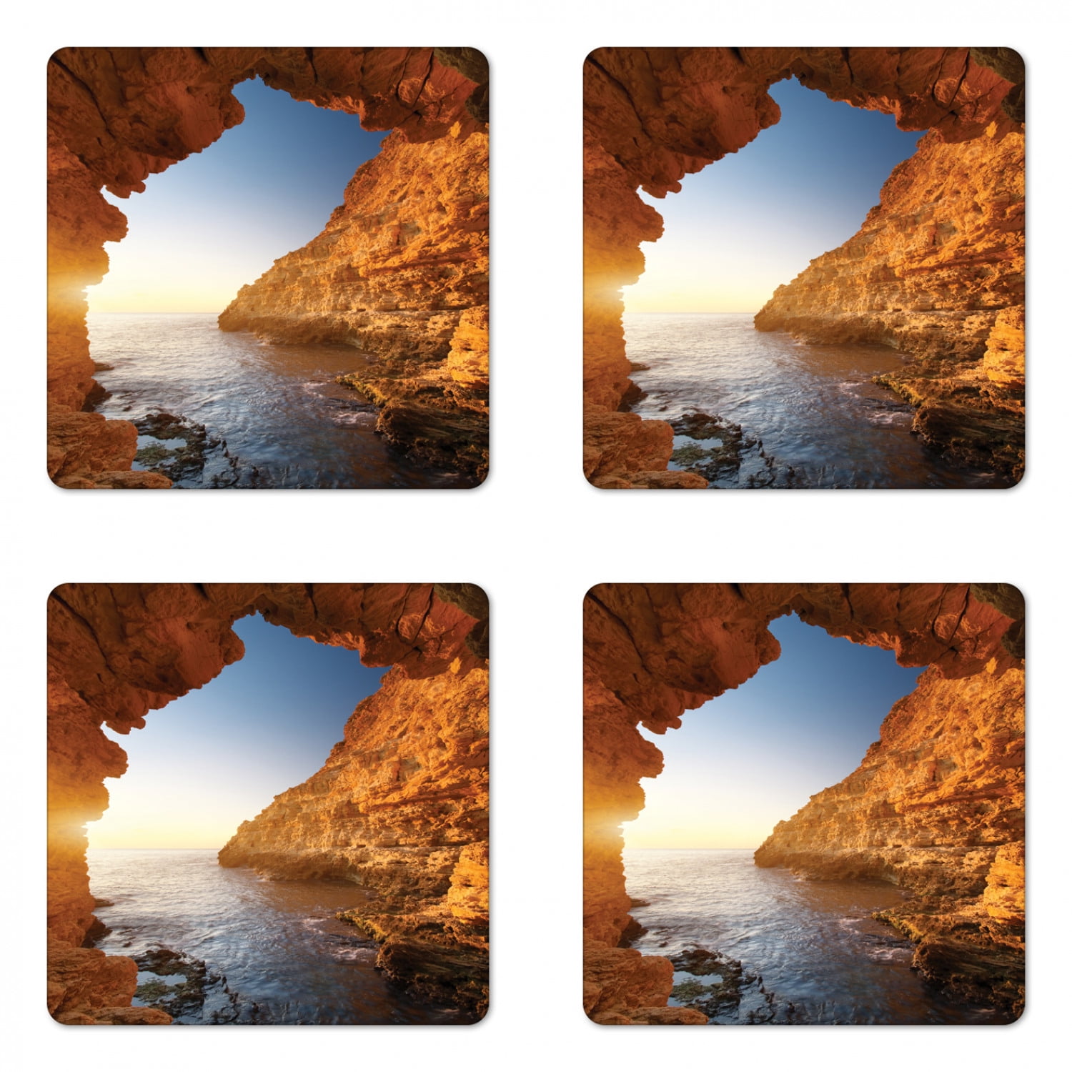 Beach Coaster Set of 4, Sunset in Pacific Paradise Ocean Cave with ...