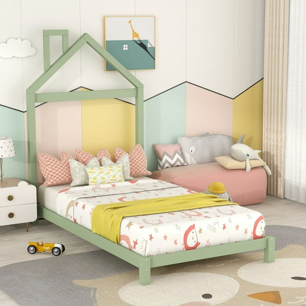 Bellemave Twin Size Kids Bed Frame with House-Shaped Headboard, Solid ...