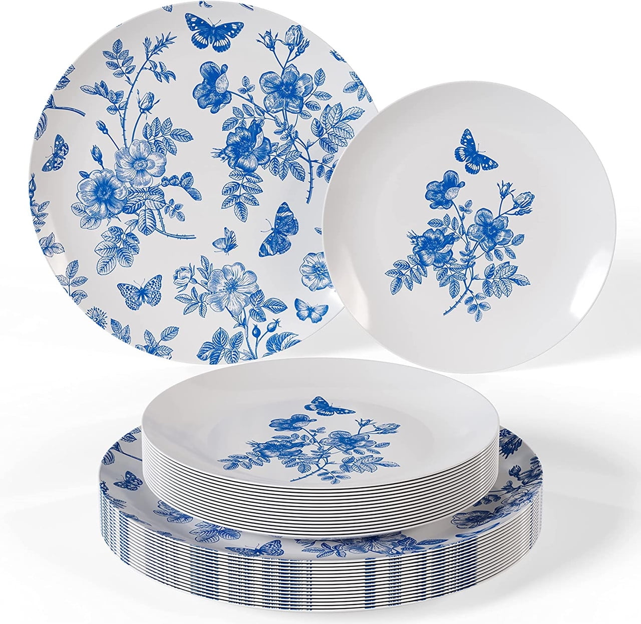 Botanical Design 10.25" White w/ Blue Floral Plastic Dinner Plates ...