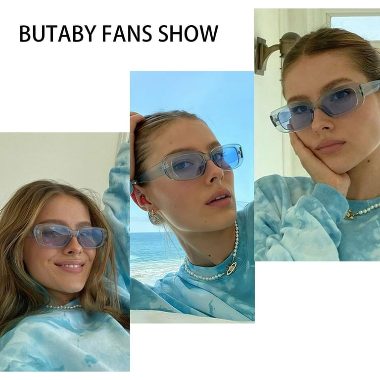 BUTABY Rectangle Sunglasses for Women Retro Driving Glasses 90 s Vintage Fashion Narrow Square Frame UV400 Protection Blue Frame Blue Lens Walmart