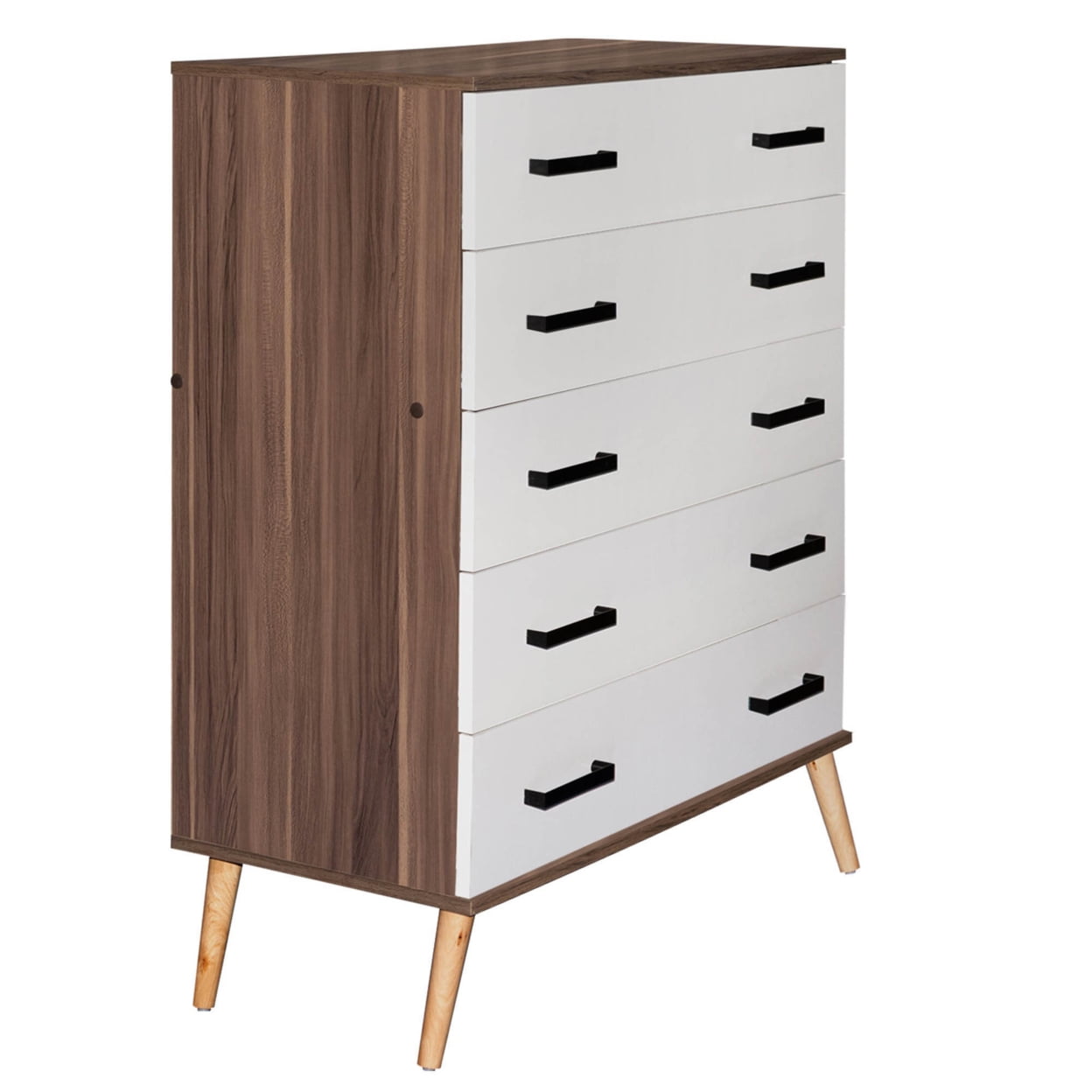 Home Furniture Eli Mid-Century Modern 5 Drawer Chest in Walnut & White ...