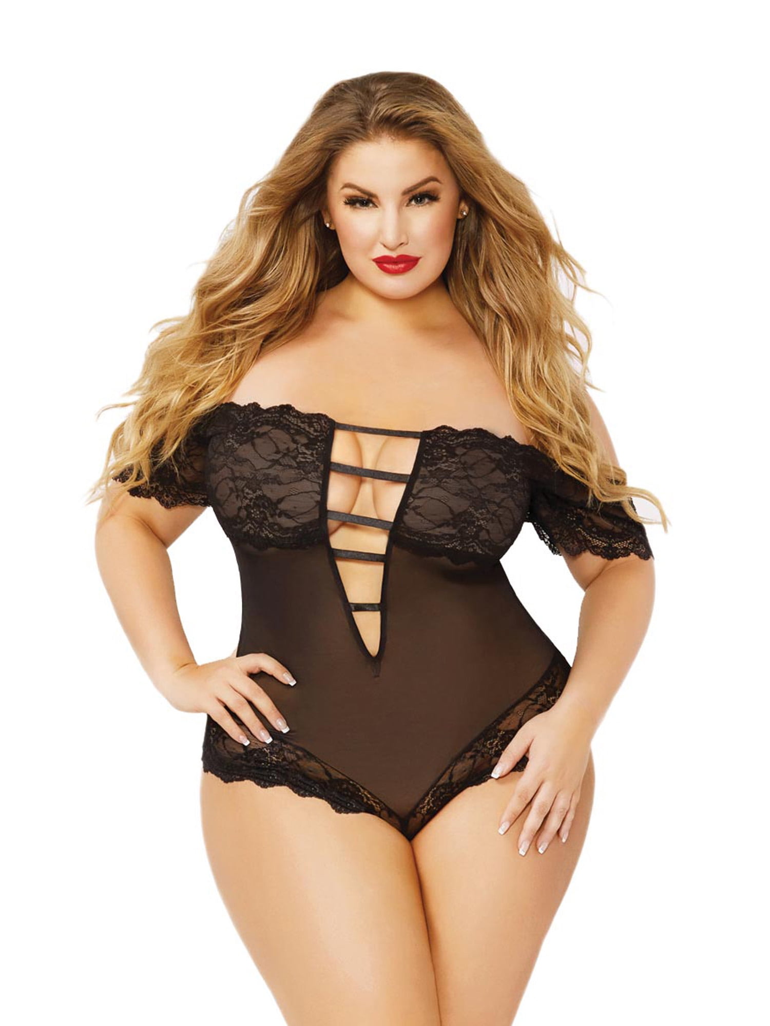 Seven Til Midnight Plus Size Floral Lace Off Shoulder Plunge Front