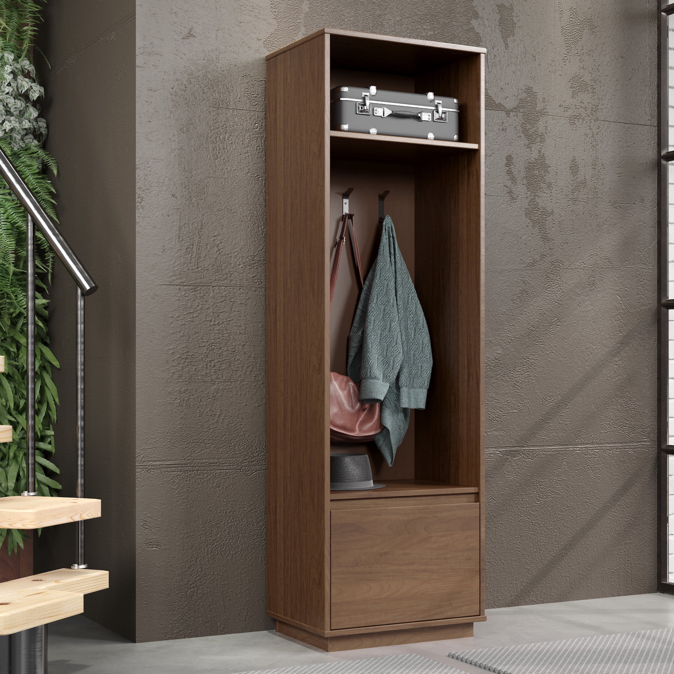 Linon Winston Single Drawer Mid-Century Hall Tree with Cubby and 3 ...