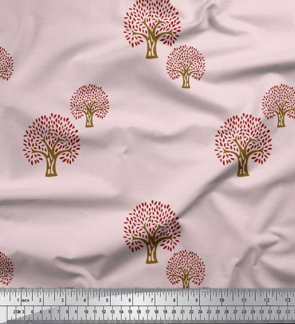 Soimoi Satin Silk Fabric Tree Block Print Fabric by The Yard 42 Inch ...