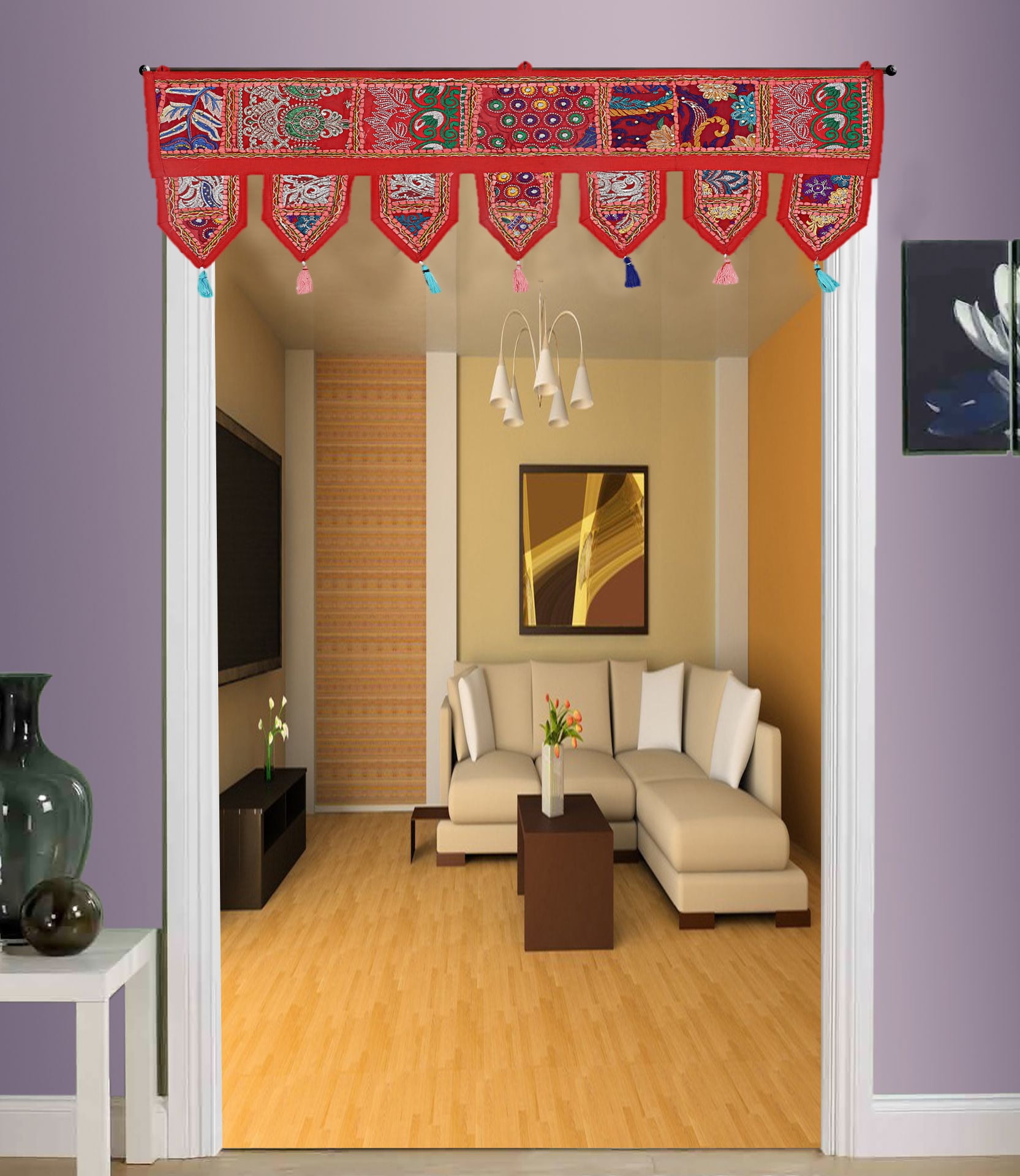 Stylo Culture Cotton Window Valance Red Vintage Embroidered Patchwork ...