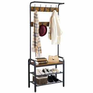 Woven Paths Industrial Hall Tree with Bench and Coat Hooks, Dark Walnut ...