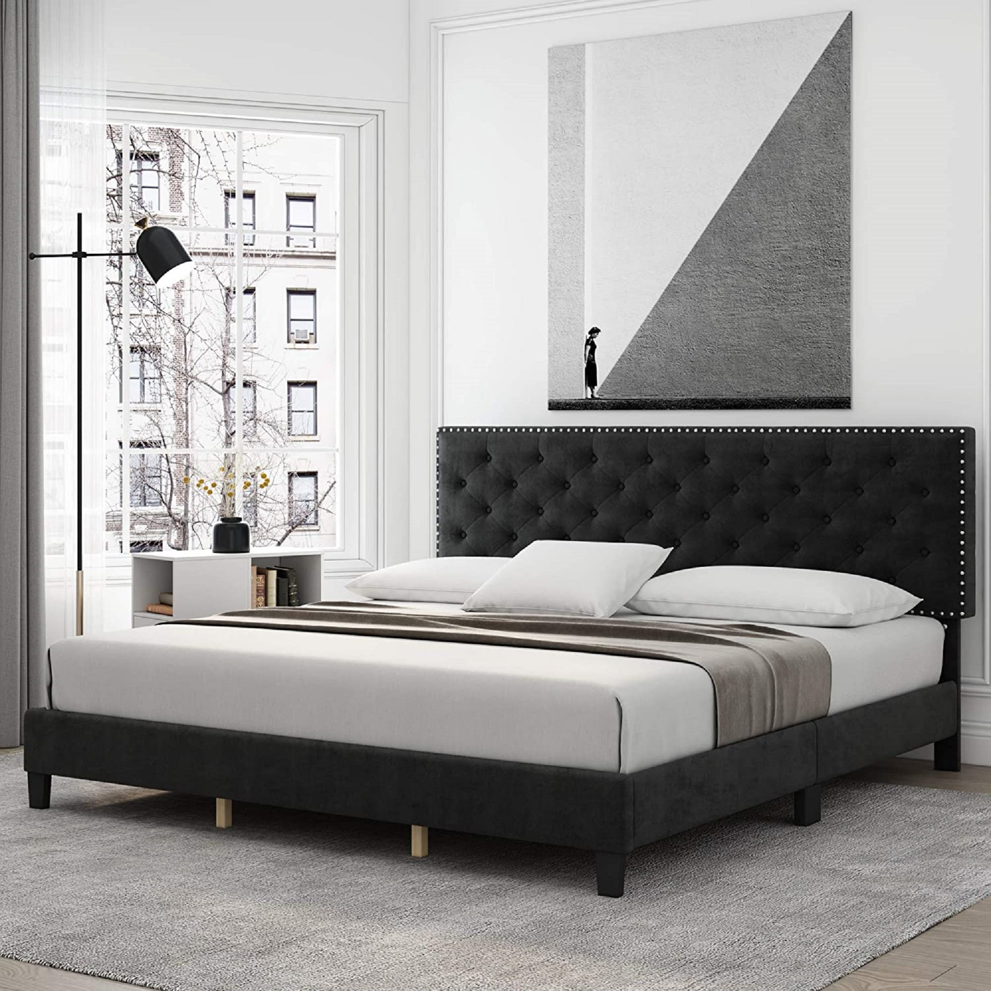 Homfa King Size Bed Modern Upholstered Platform Bed Frame With