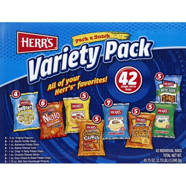Herr's Snacks Variety Pack, 42 Count Box Individual Single Serve Bags ...