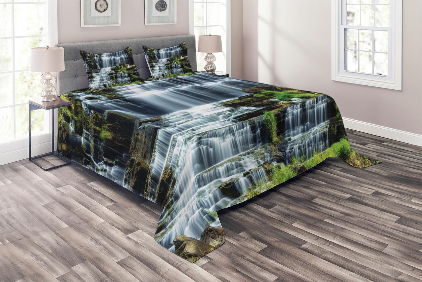 Rainforest Coverlet Set King Size, Waterfall in the Middle of Tropical ...