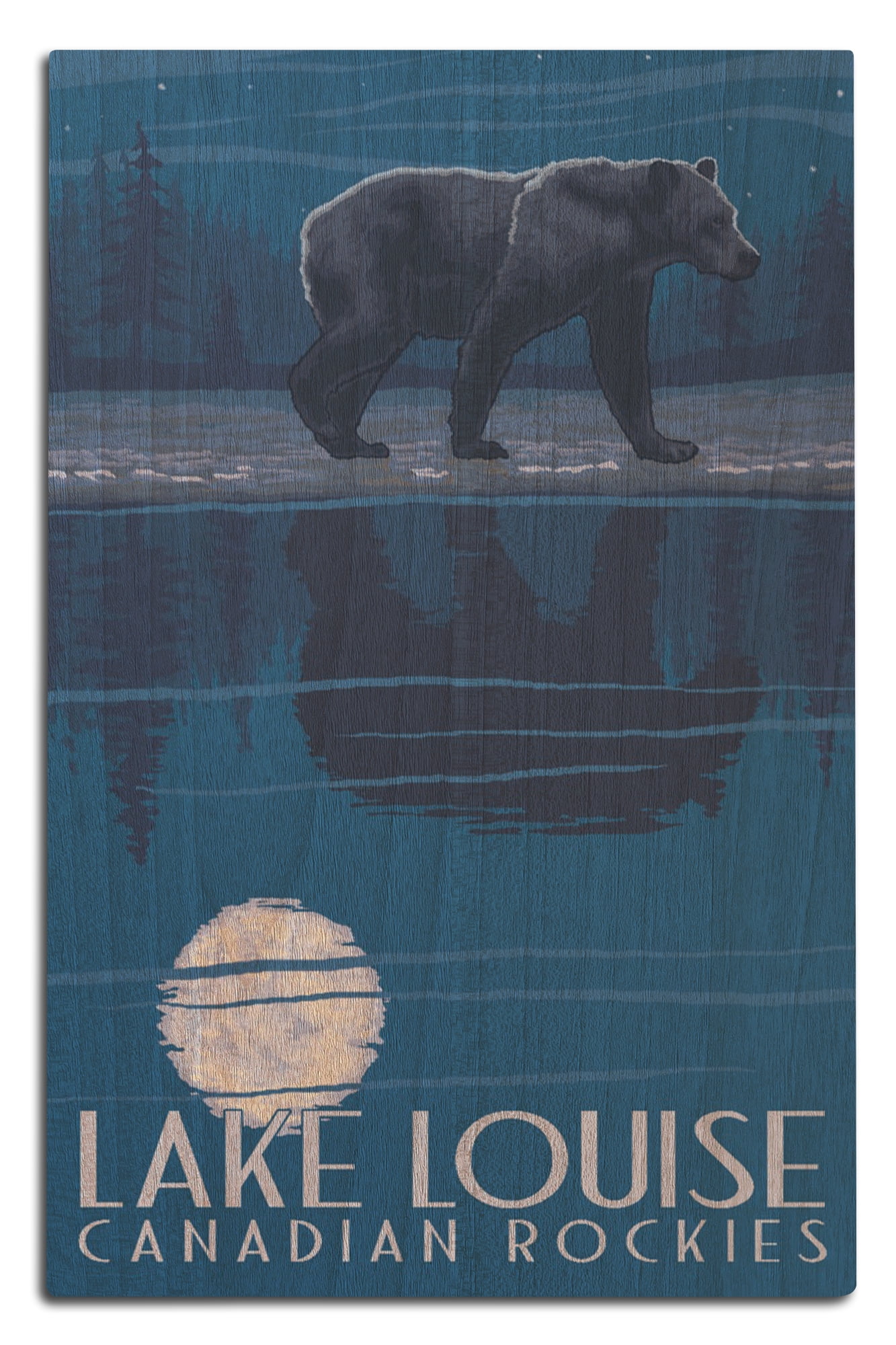 Lake Louise, Canada, Bear in Moonlight Birch Wood Wall Sign (12x18 ...