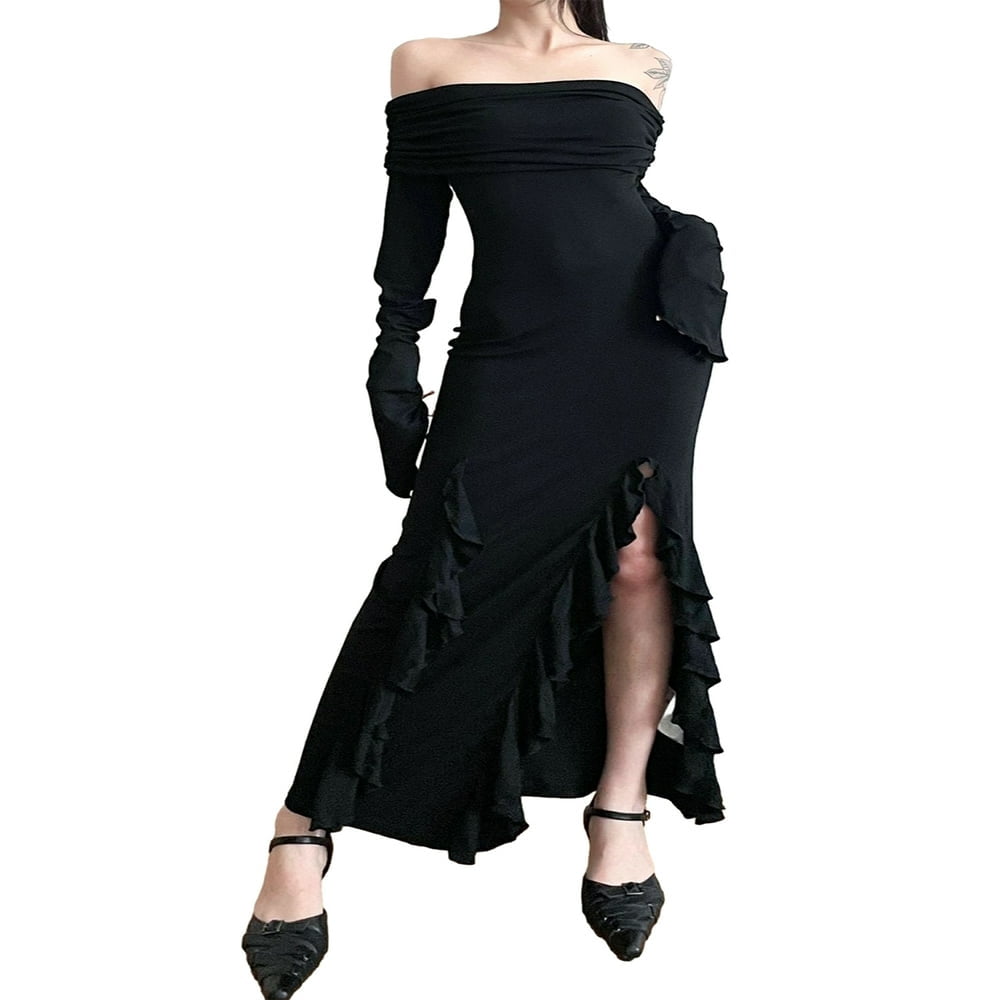 Click here for Generic Solid Color Bodycon Dress With Slit Ruffle... prices