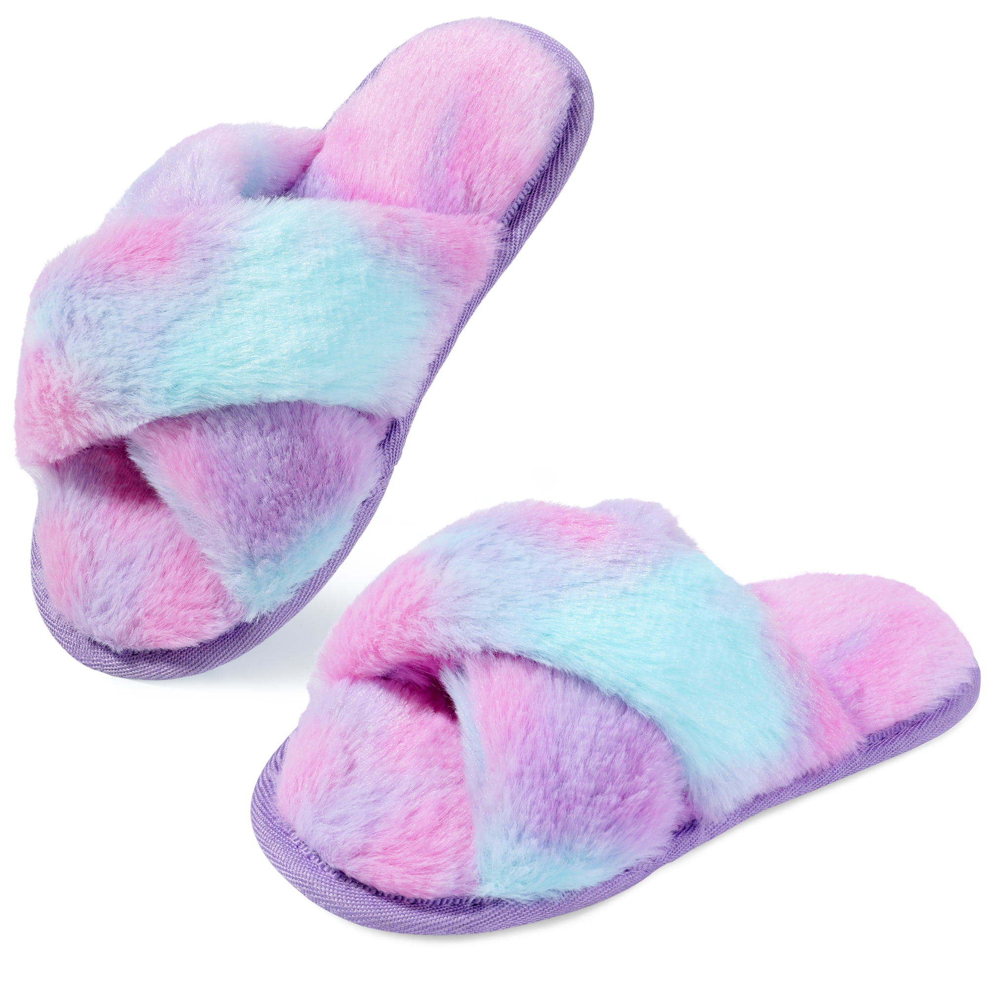 FUPPIA Girls Slippers Girls Cross Band House Slippers Tie Dye Plush ...