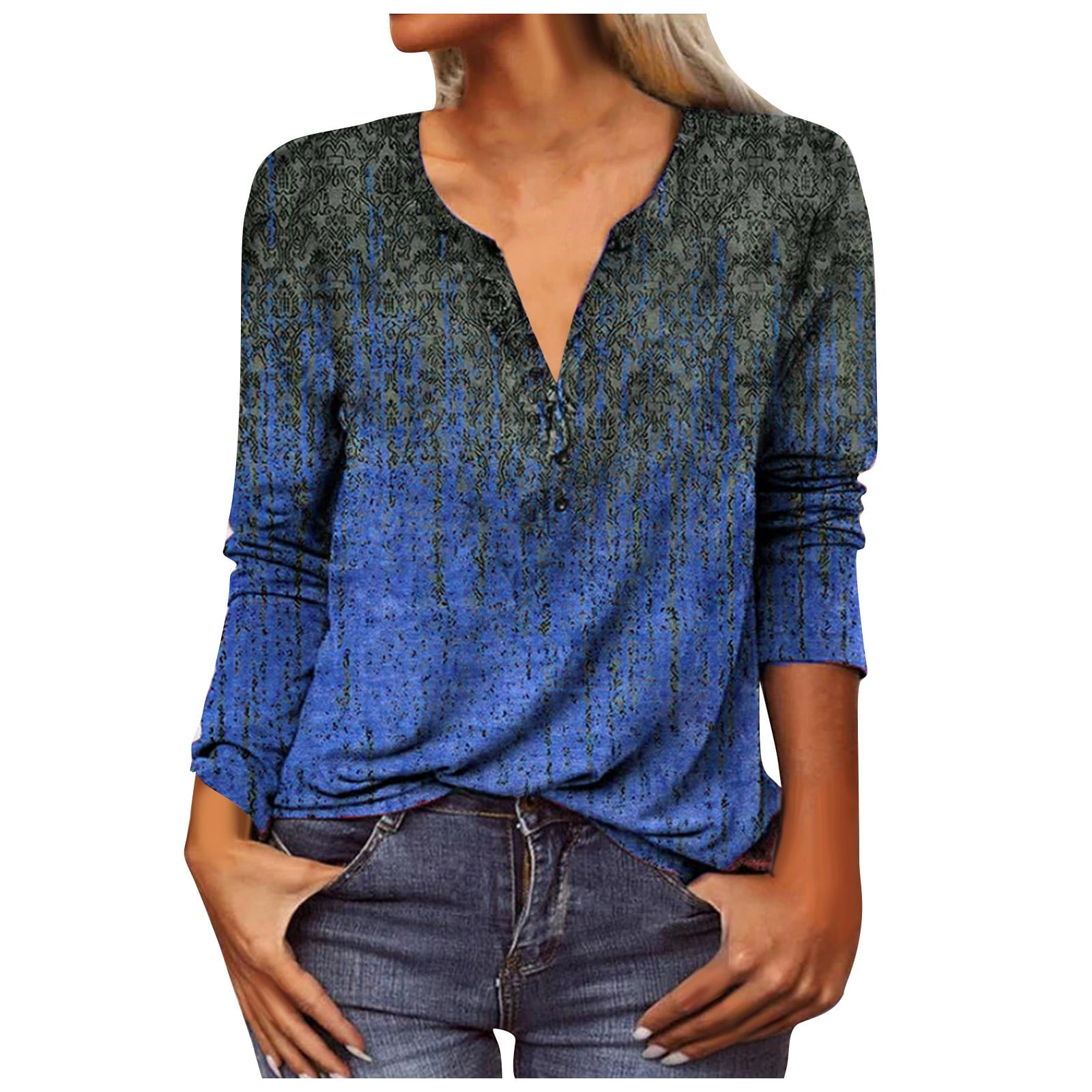 YDKZYMD Blue Blouses for Women Dressy Casual 3/4 Sleeve Graphic Blouses ...