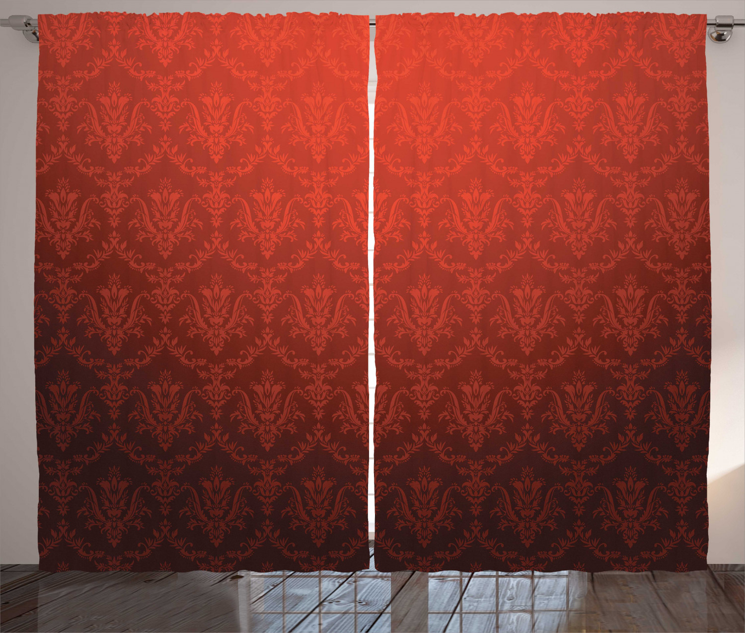 Dark Red Curtains 2 Panels Set, Antique Floral Pattern with Baroque ...