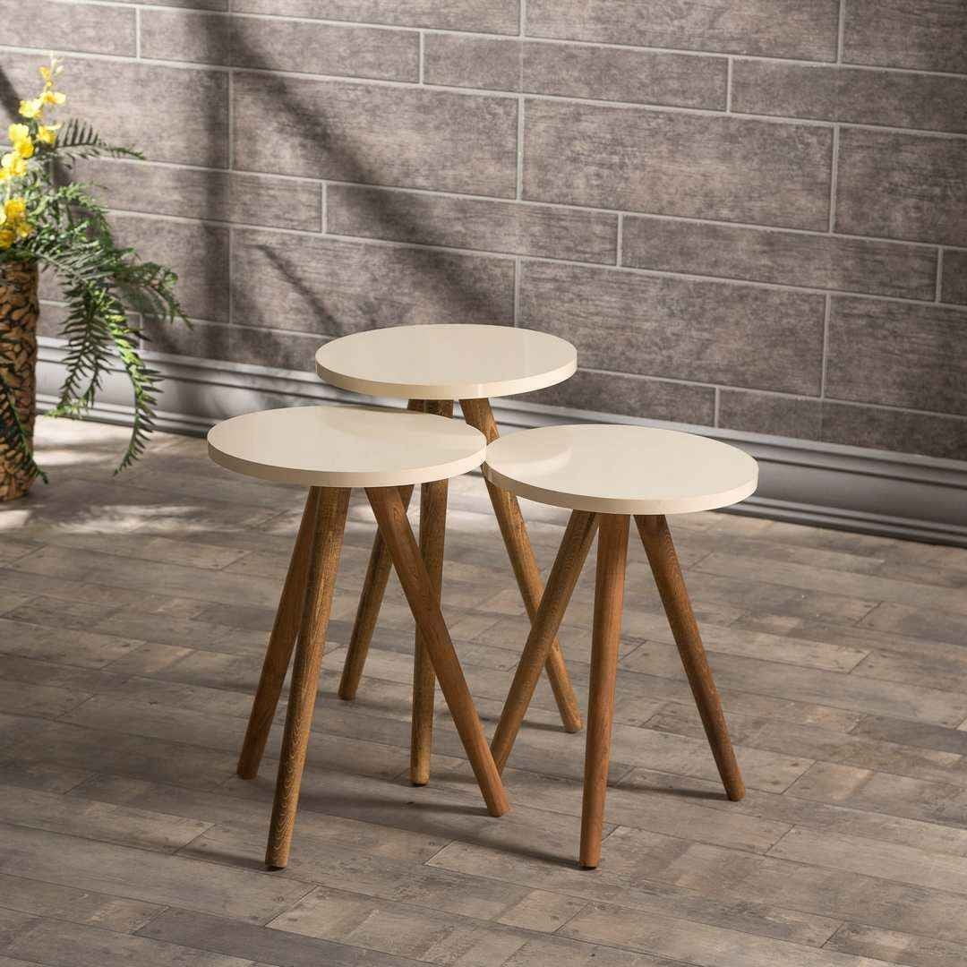 Cream White Nesting Coffee Tables 3 PCS,Round Side Table With Wooden Legs,Set of 3 Small Accent ...