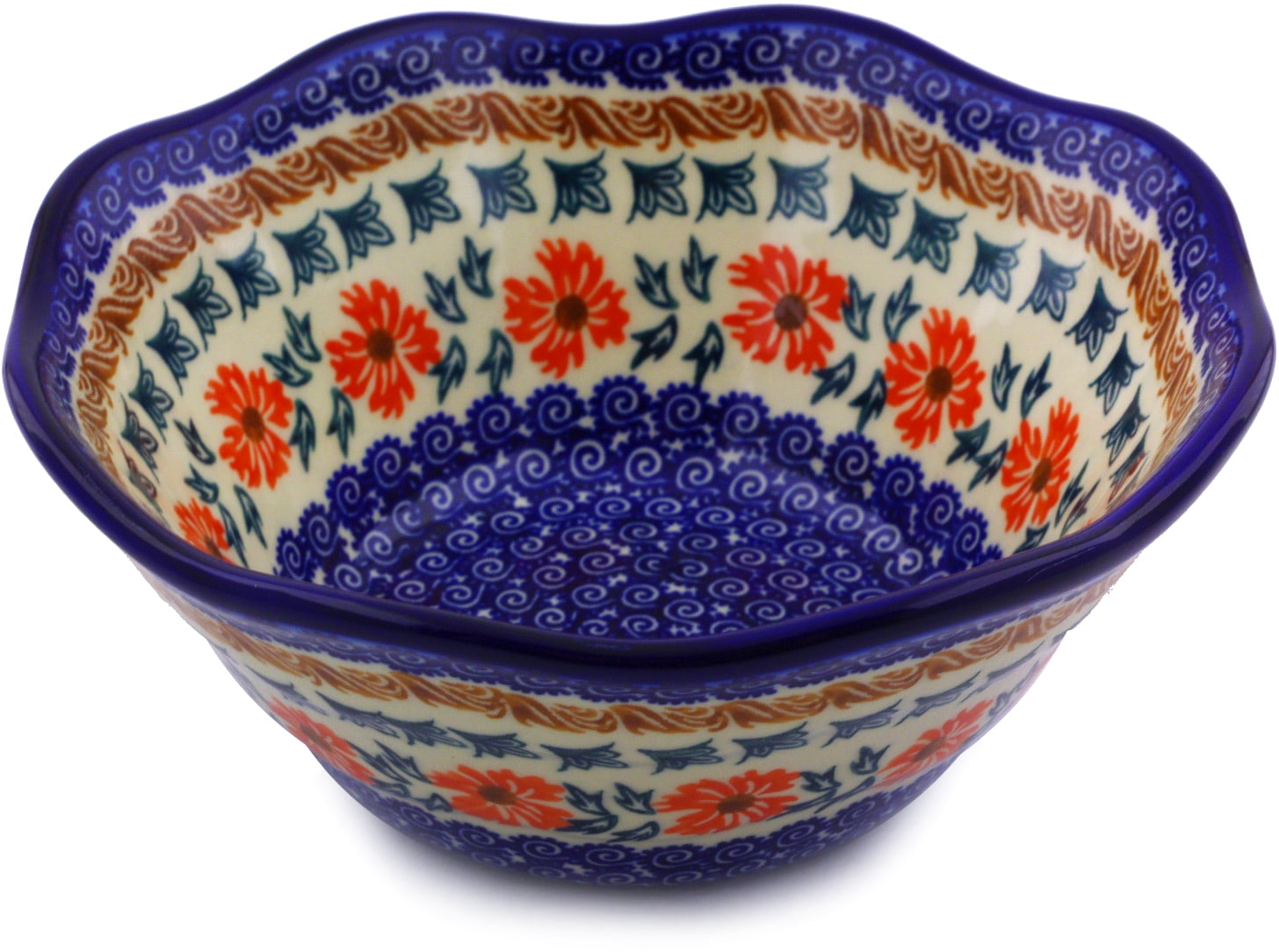 Polish Pottery 7-inch Fluted Bowl (Red Cornflower Theme) Hand Painted ...