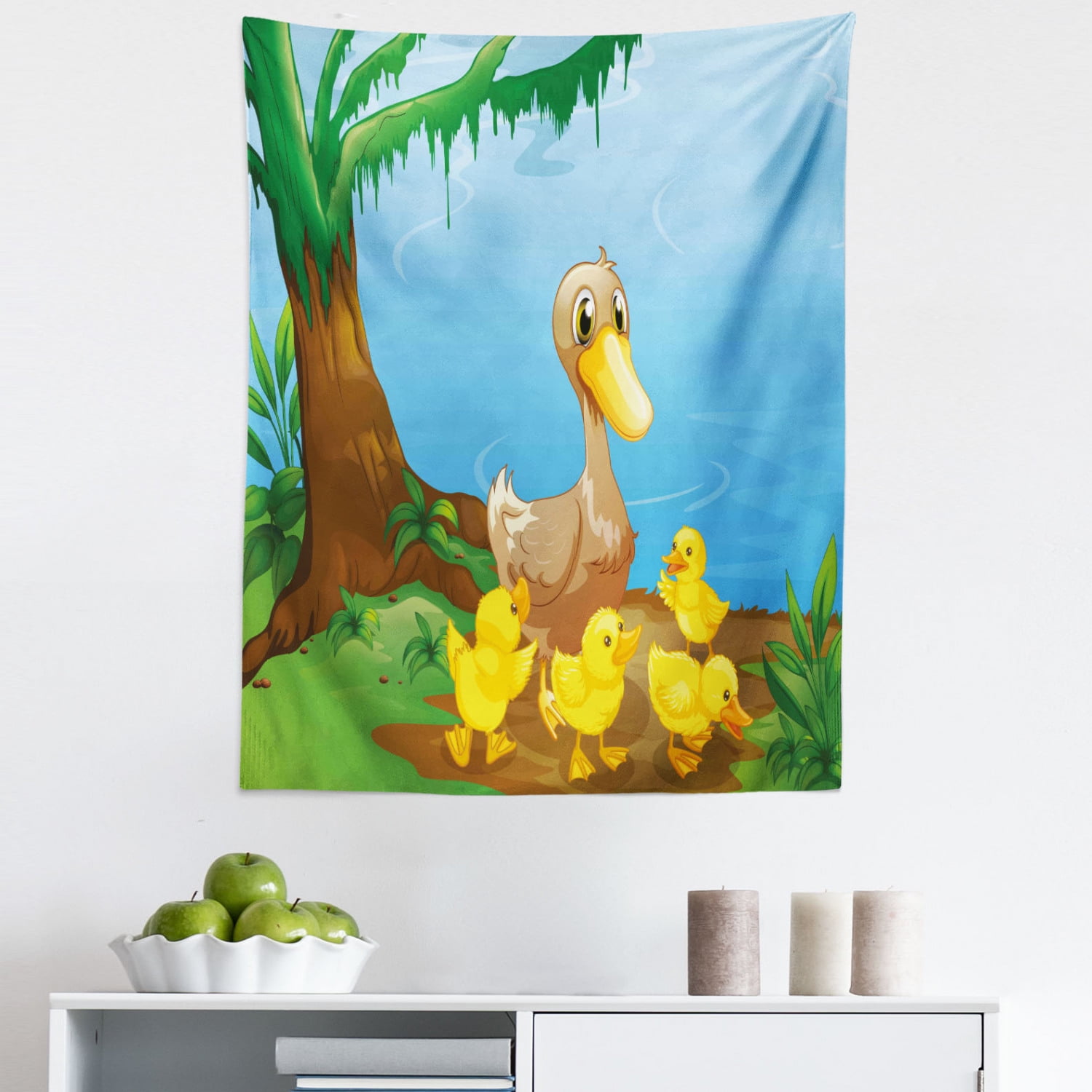 Duck Tapestry, Illustration of Duck and Her Ducklings at Riverbank Tree ...