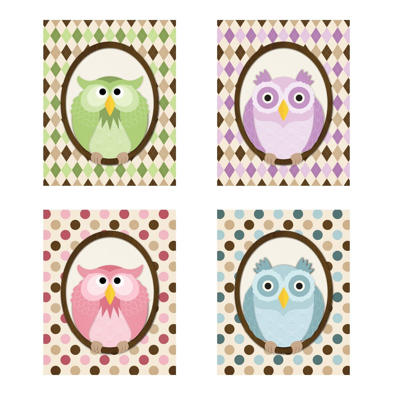 Colorful Pastel Polka Dot and Argyle Retro Graphic Owls; Four Cute 8x10 ...