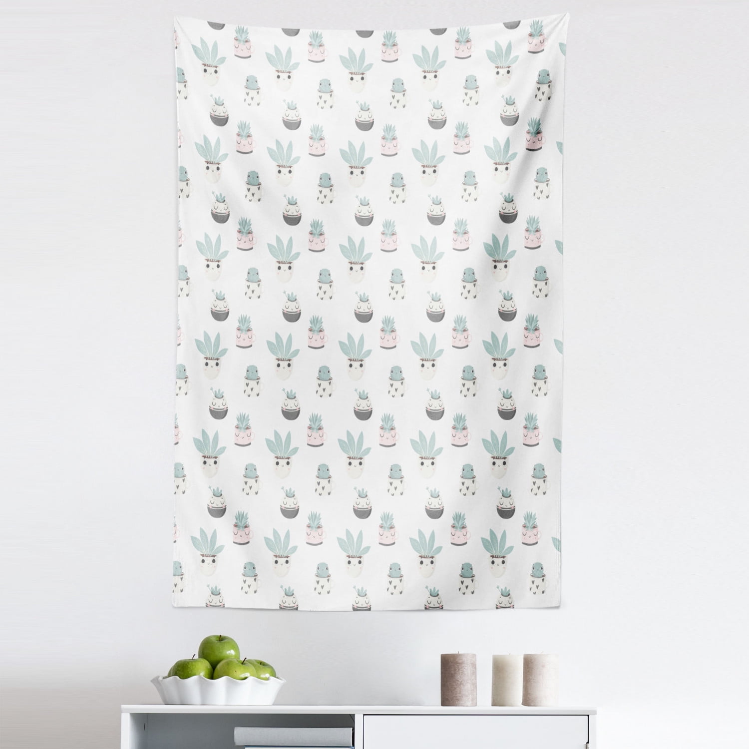 White Boho Tapestry, Kawaii Plants Big Eyes Ornamented Heart Shaped ...
