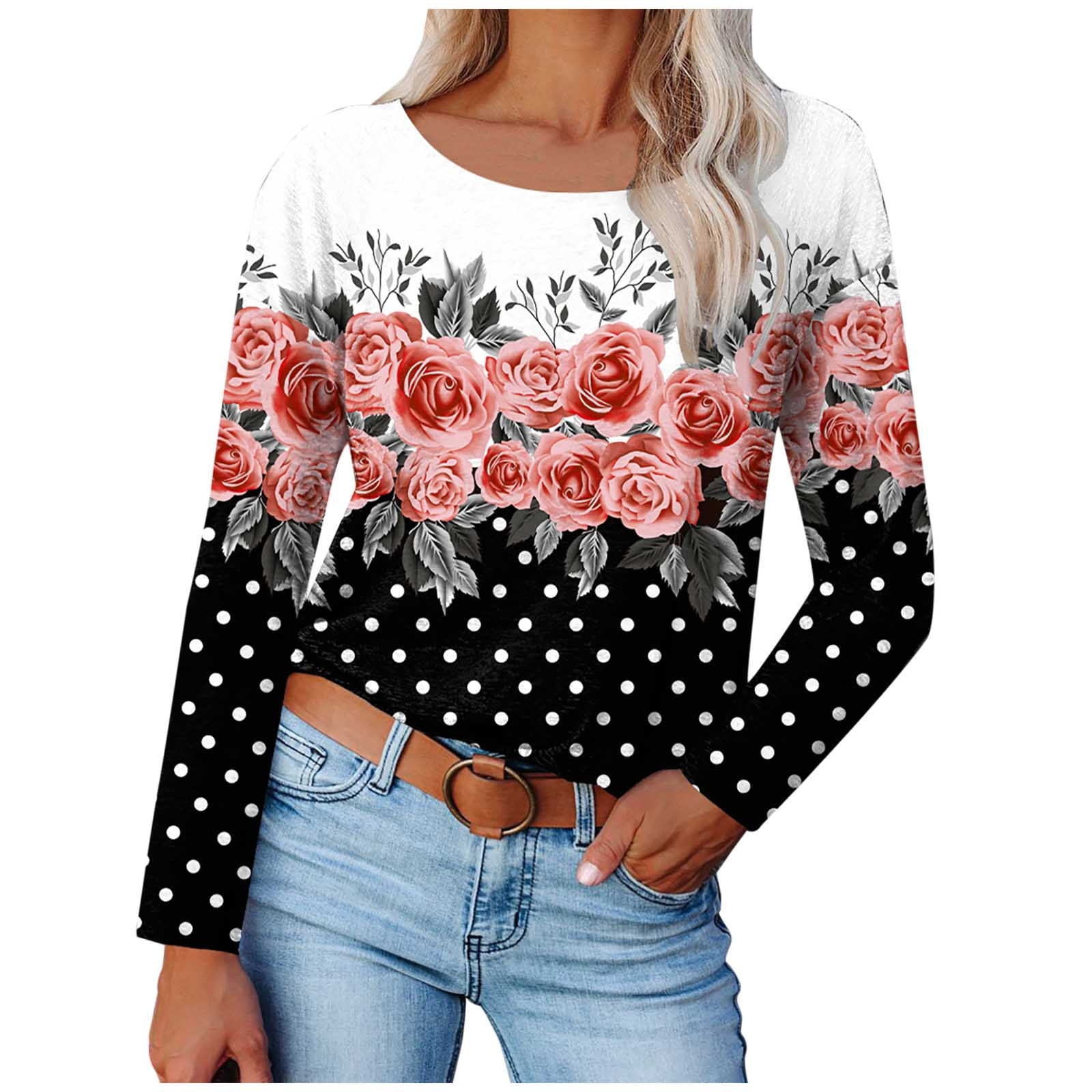 Ladies Shirts Polka Dots Blouses for Women Long Sleeve Rose Flower ...
