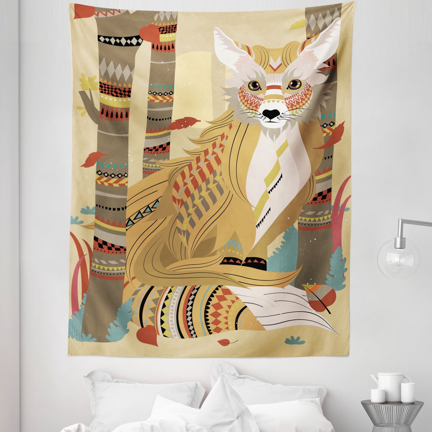 Fox Tapestry, Animal Theme a Fluffy Wild Fox in the Forest and Tree ...