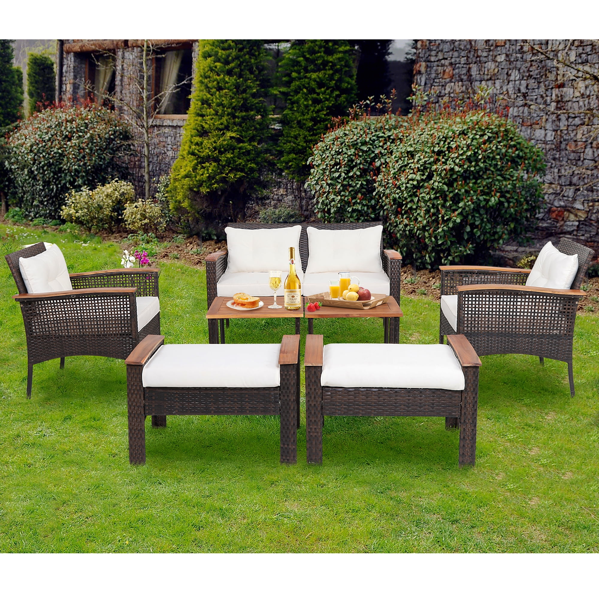 Gymax 7PCS Patio Rattan Sofa Set Outdoor Wicker Conversation Set w ...