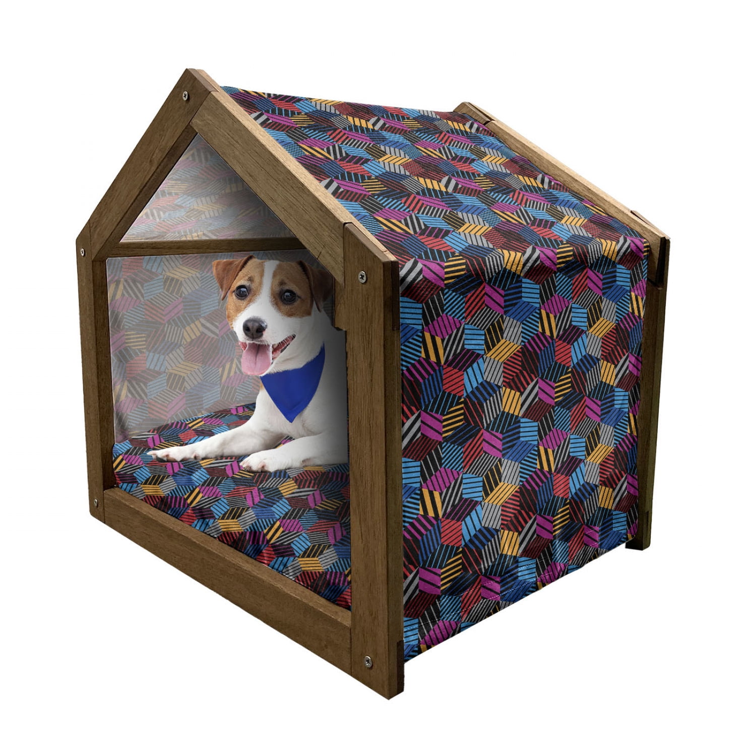 Geometric Pet House, Stripped 3 Dimensional Cube Pattern Vibrant Color ...