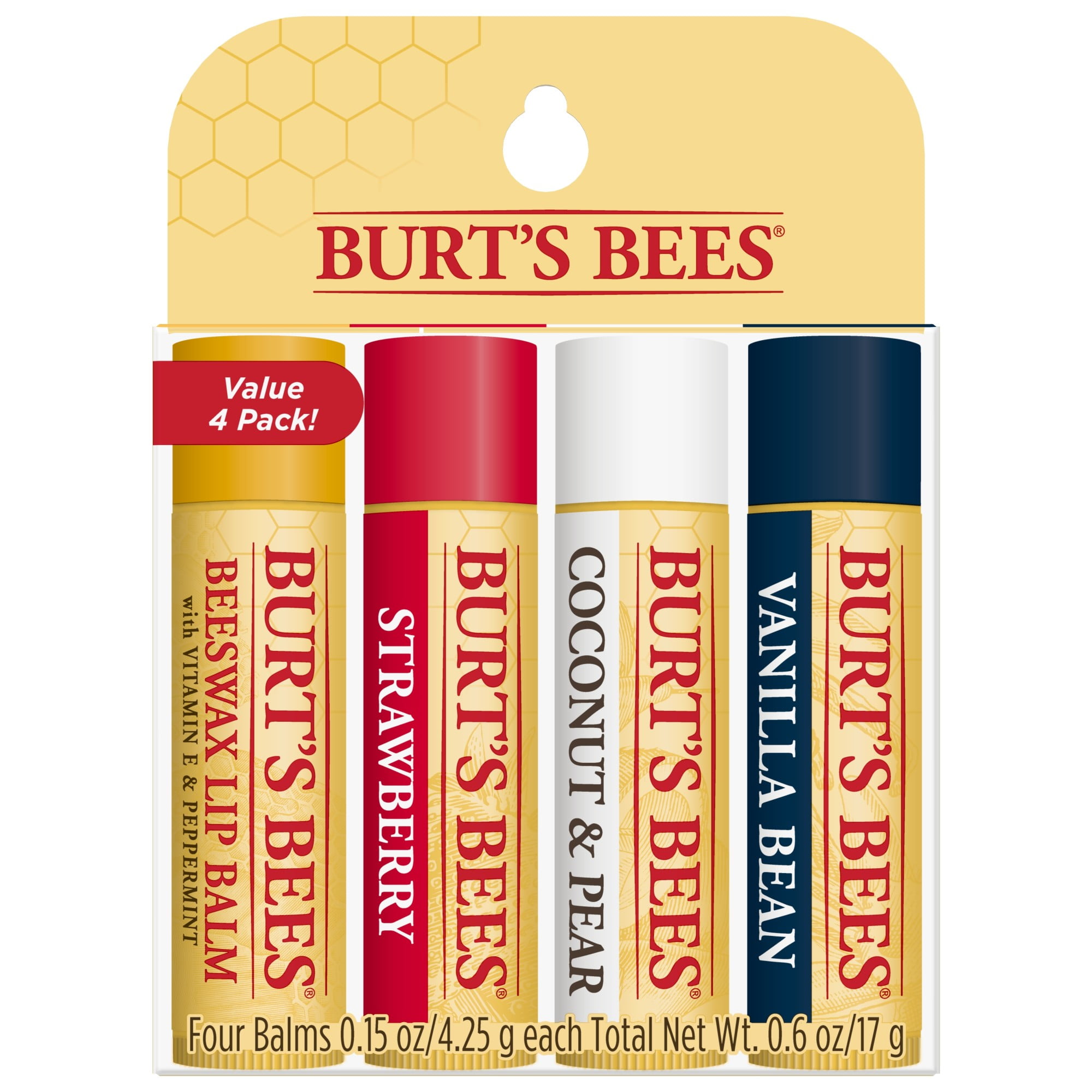 Burt's Bees 100% Natural Moisturizing Lip Balm, Multipack, 4 Count ...