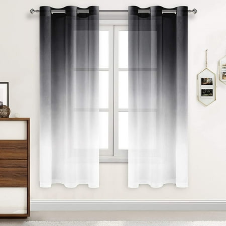 Grey Faux Linen Ombre Sheer Curtains Gradient Semi Voile Drapes Grommet Top Window Curtains for ...