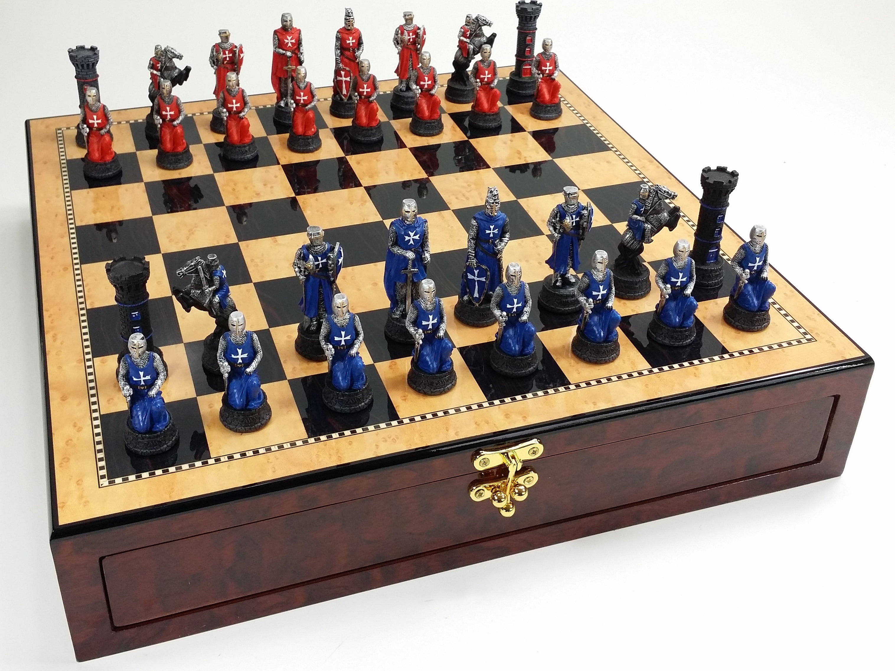 MEDIEVAL TIMES CRUSADE Maltese Red & Blue CHESS SET Walnut Maple Color ...