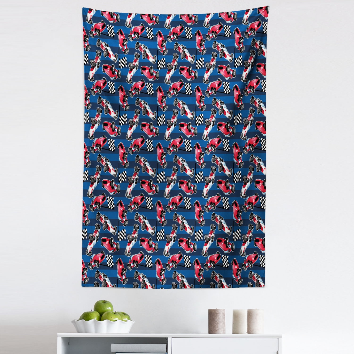 Cars Tapestry, Vintage Racing Cars on Blue Stripes with Checkered Flags ...