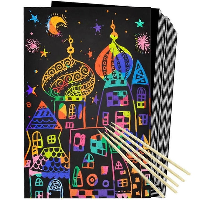50pcs Art Rainbow Scratch Paper Bamboo Stylus Set,Scratch Off Art Craft ...