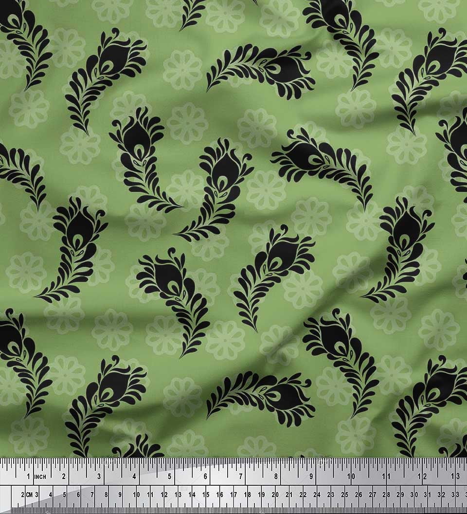 Soimoi Japan Crepe Satin Fabric Floral & Peacock Feather Print Fabric ...