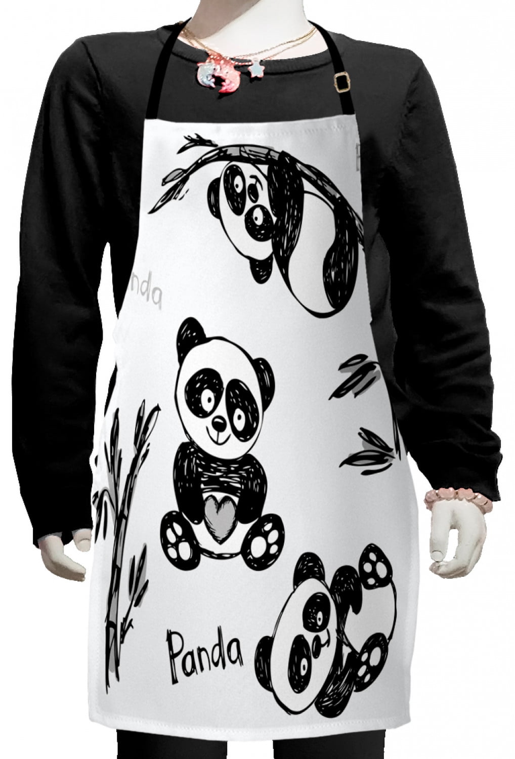 Panda Kids Apron, Cheerful Animal Different Poses Bamboo Branch ...