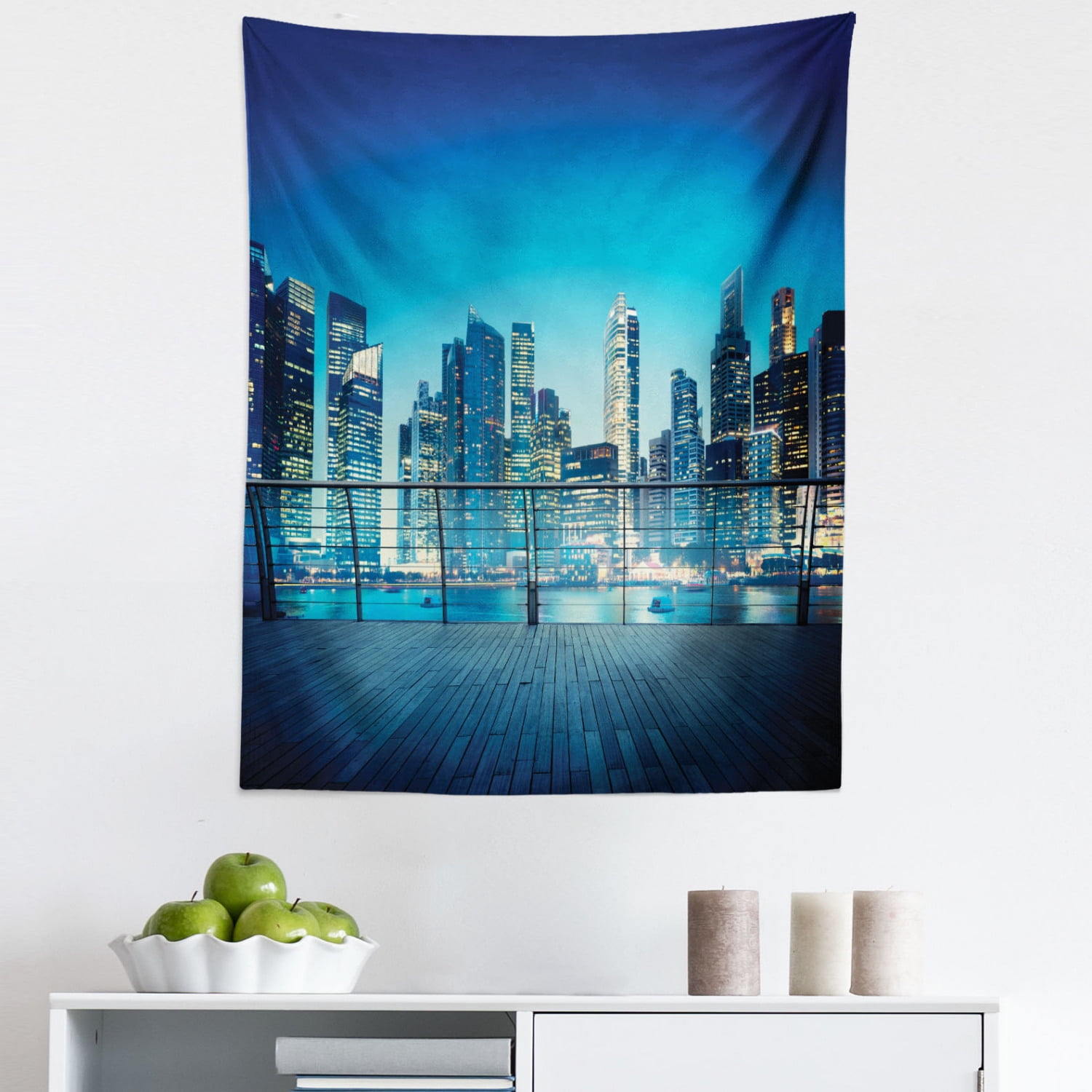 Cityscape Tapestry, Big City Night Panorama from a Balcony with ...