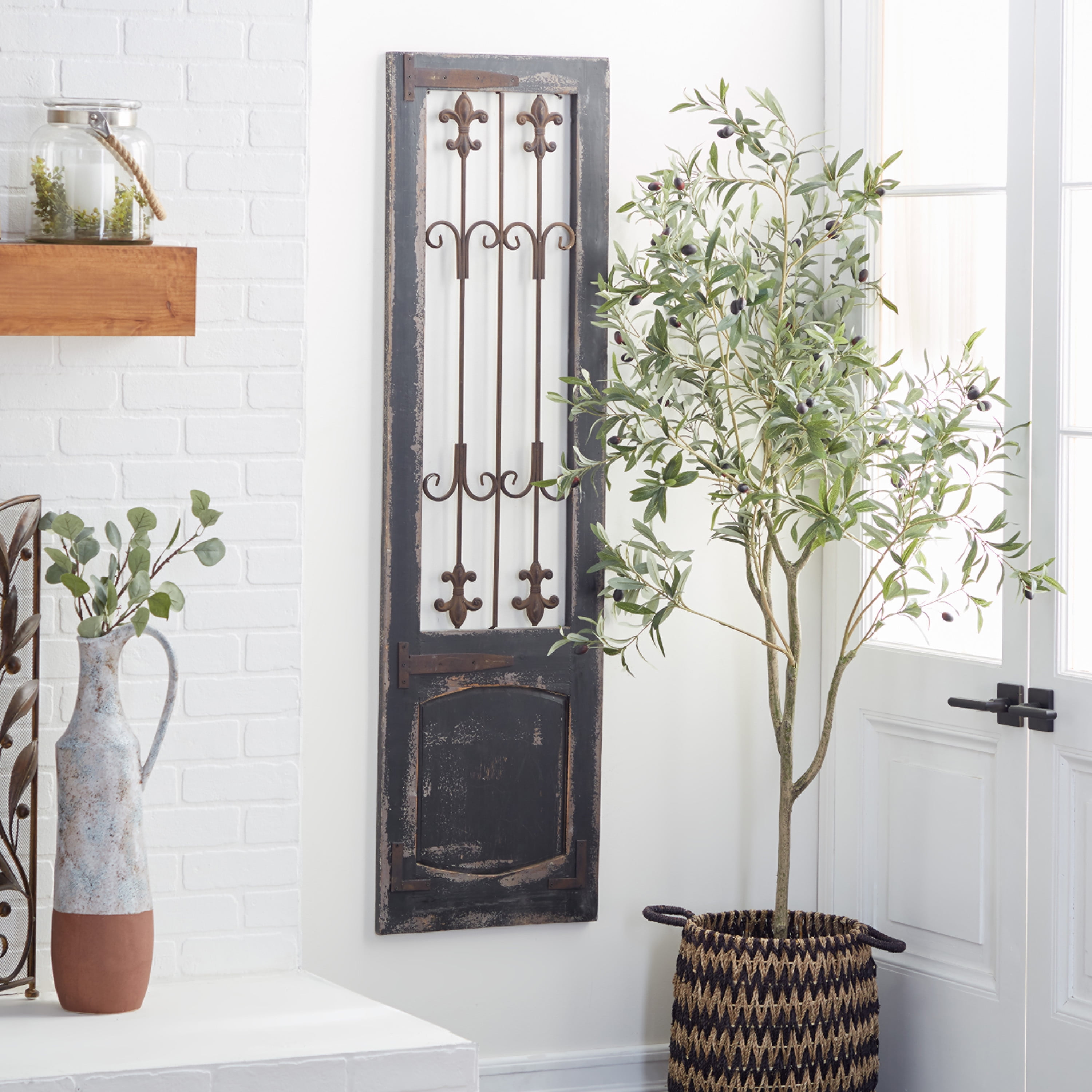 DecMode Brown Wood Distressed Door Inspired Ornamental Scroll Wall ...