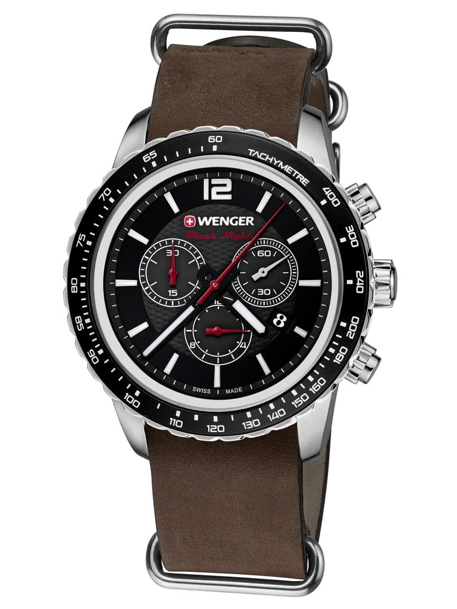 Wenger Men's 01.0853.106 Roadster Black Night Black Dial Brown Leather ...