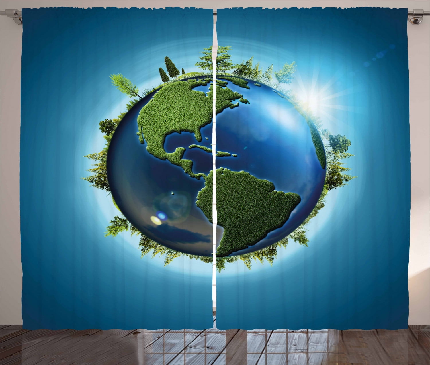 Earth Curtains 2 Panels Set, Planet Covered with Blue Seas and Forest ...